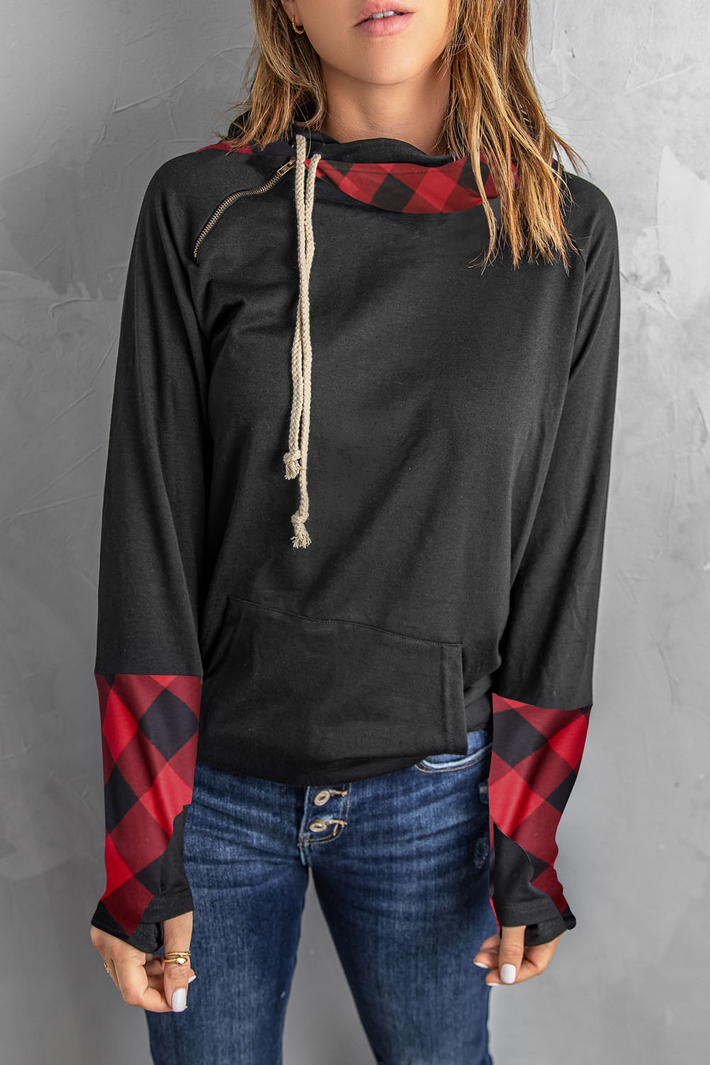 Red Plaid Double Hoods Thumb Hole Hoodie | Shewin Wholesale
