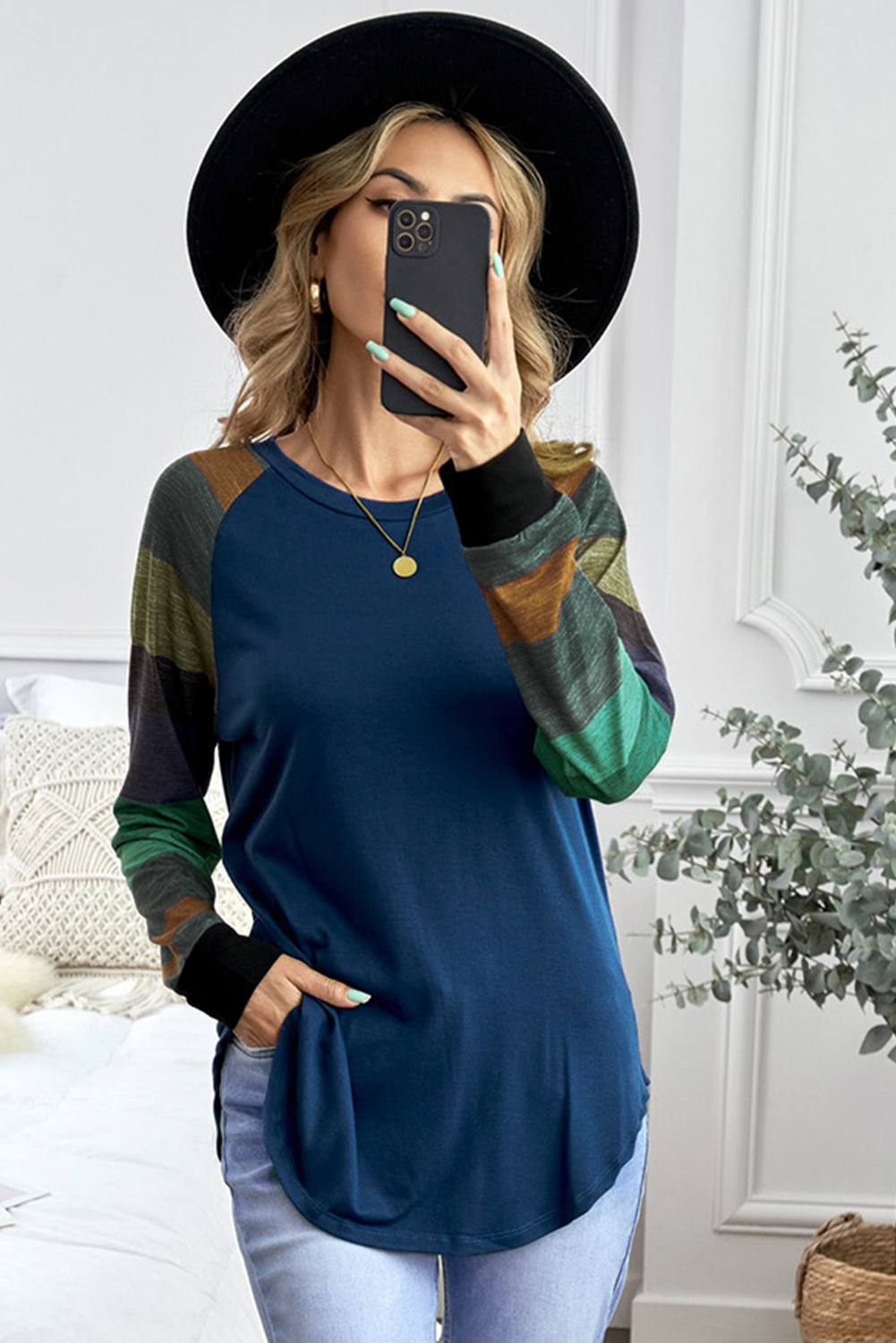 Color Block Long Sleeves Navy Pullover Top | Shewin Wholesale