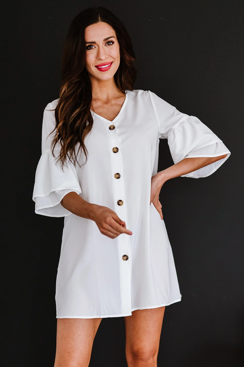 White Casual V Neck Buttoned Bell Sleeve Shift Mini Dress | Shewin ...