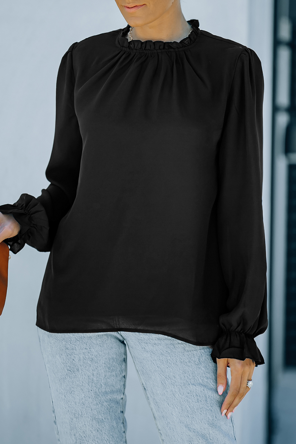 Black Ruffle Neck Puff Sleeve Top | Shewin