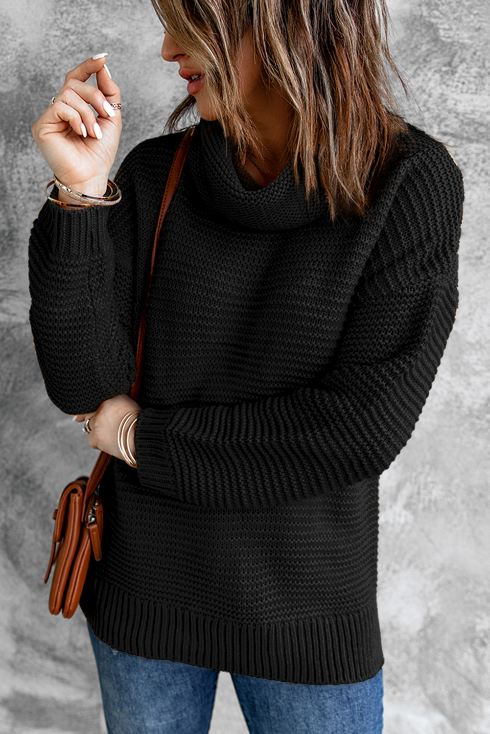 Black Cozy Long Sleeves Turtleneck Sweater Shewin Wholesale