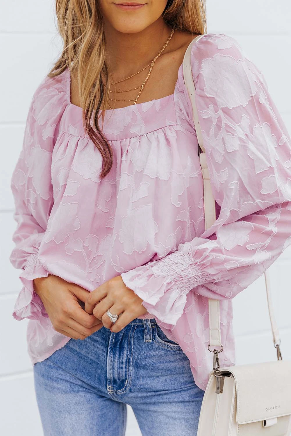 Purple Floral Square Neck Textured Shirred Cuffs Blouse | Shewin Wholesale