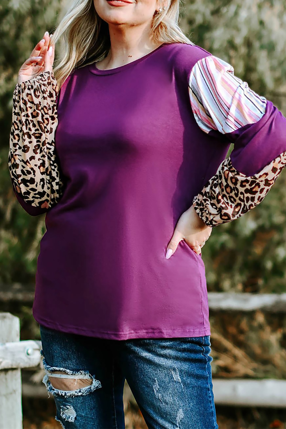 Purple Color Block Leopard Striped Sleeve Plus Size Top | SHEWIN Wholesale