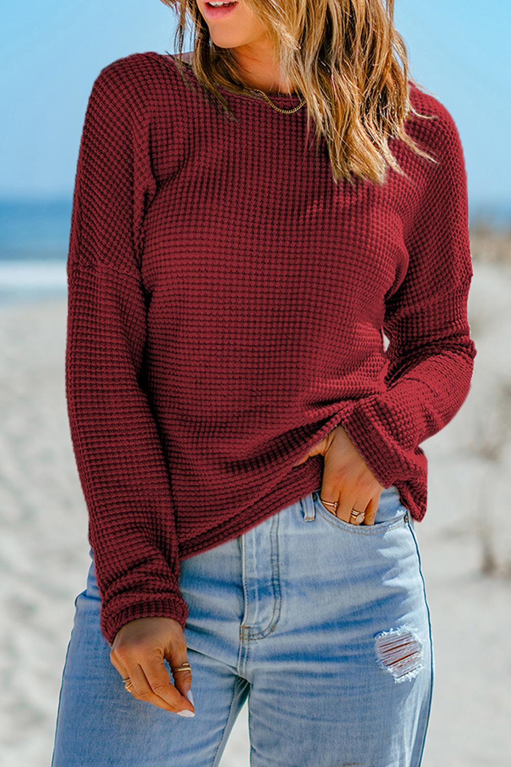 Red Solid Color Waffle Knit Drop Shoulder Long Sleeve Top