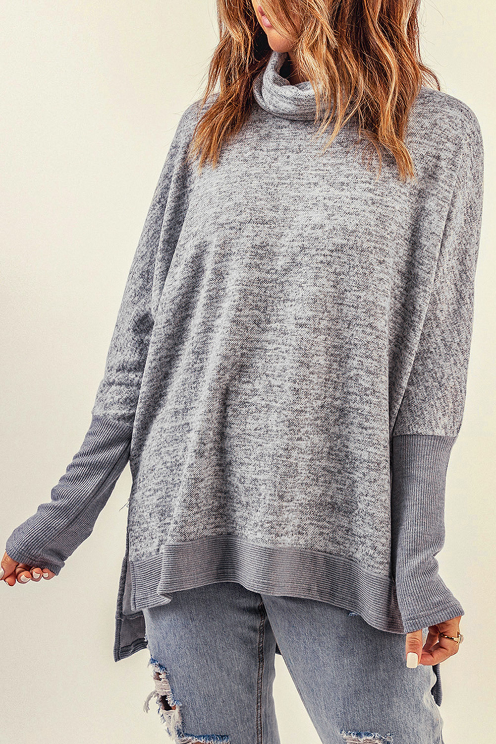 Grey Turtleneck Casual Side Slit Tunic Top | SHEWIN Wholesale