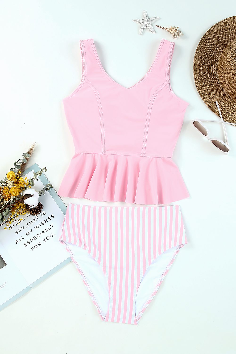 Pink V Neck Peplum Striped Tankini Swimsuit | Shewin Wholesale