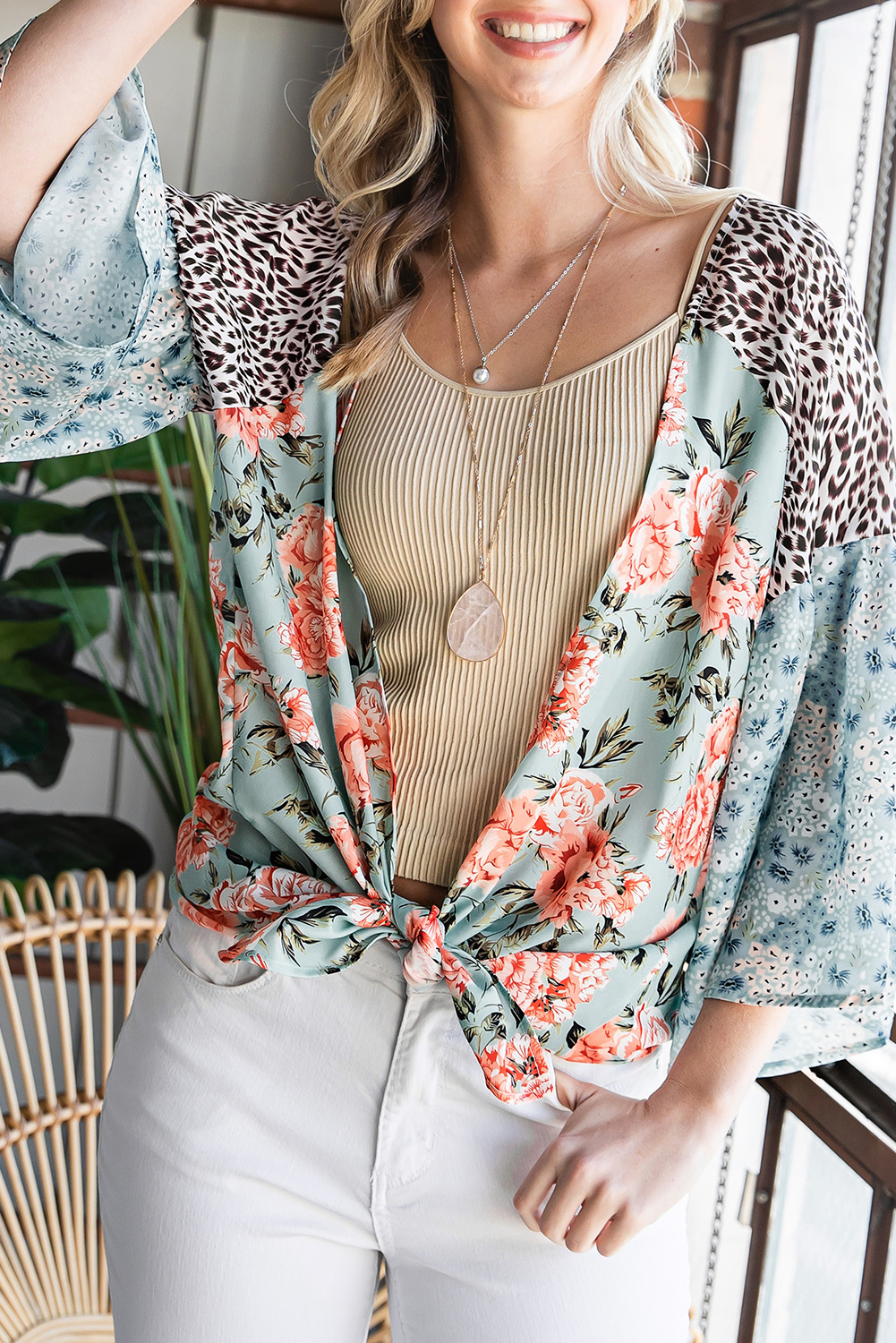Light Blue Leopard Floral Mixed Print Wide Sleeves Boho Cover Up ...