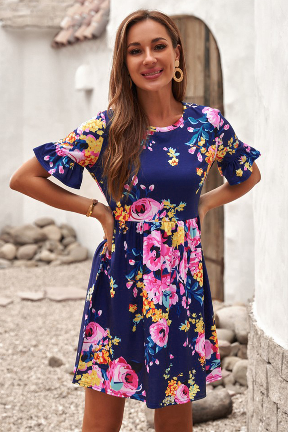 Dark Blue Ruffled Short Sleeve Floral Dress | Shewin Wholesale