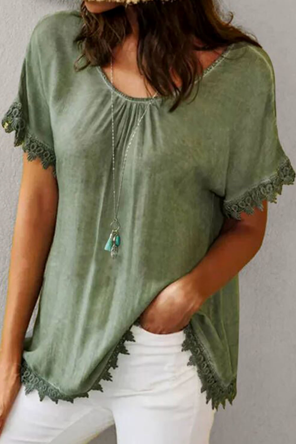 Green Plain Lace Trim Short Sleeve Boho Top For Women Shewin Wholesale