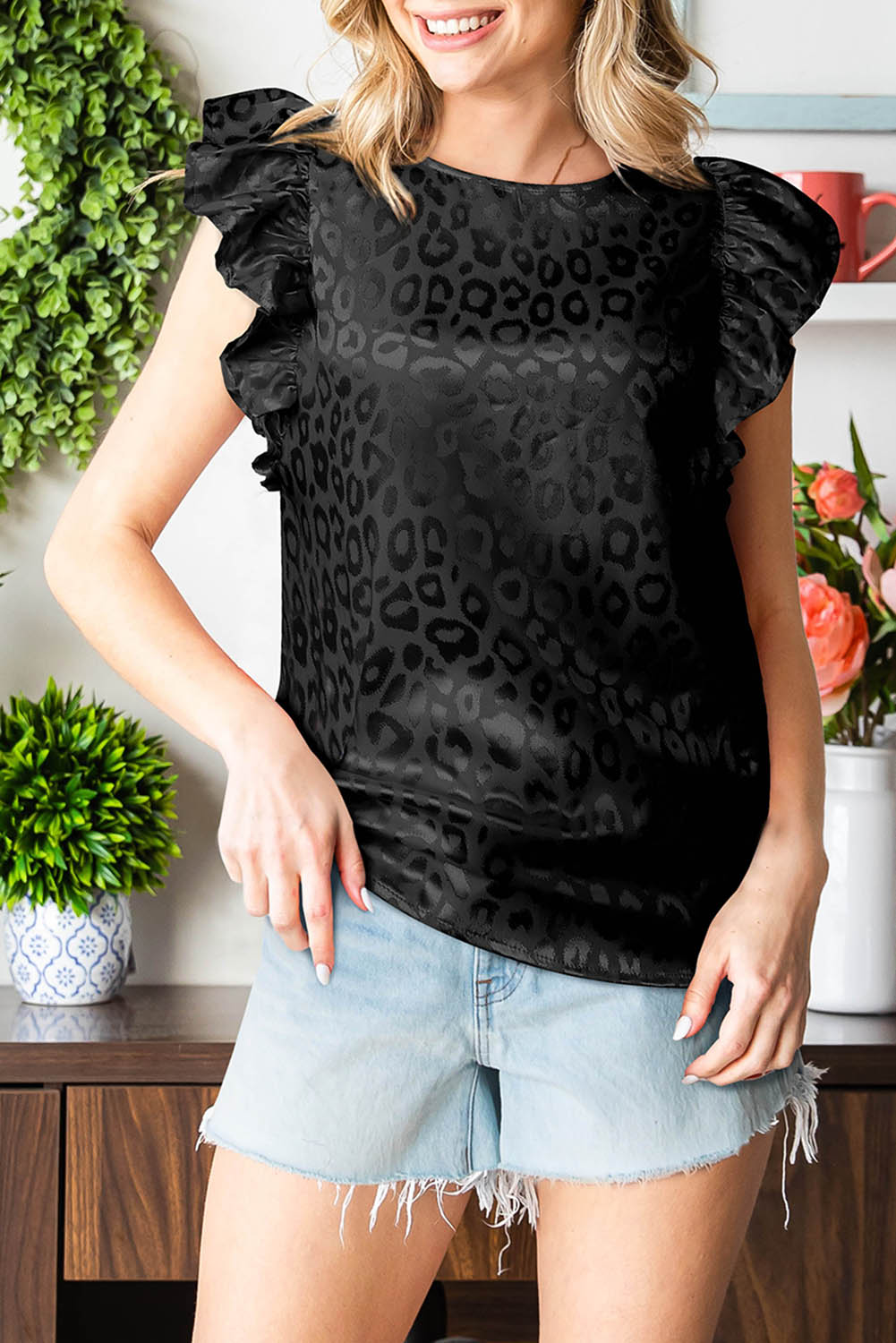 Black Satin Leopard Print Ruffled Sleeveless Summer Top | Shewin Wholesale