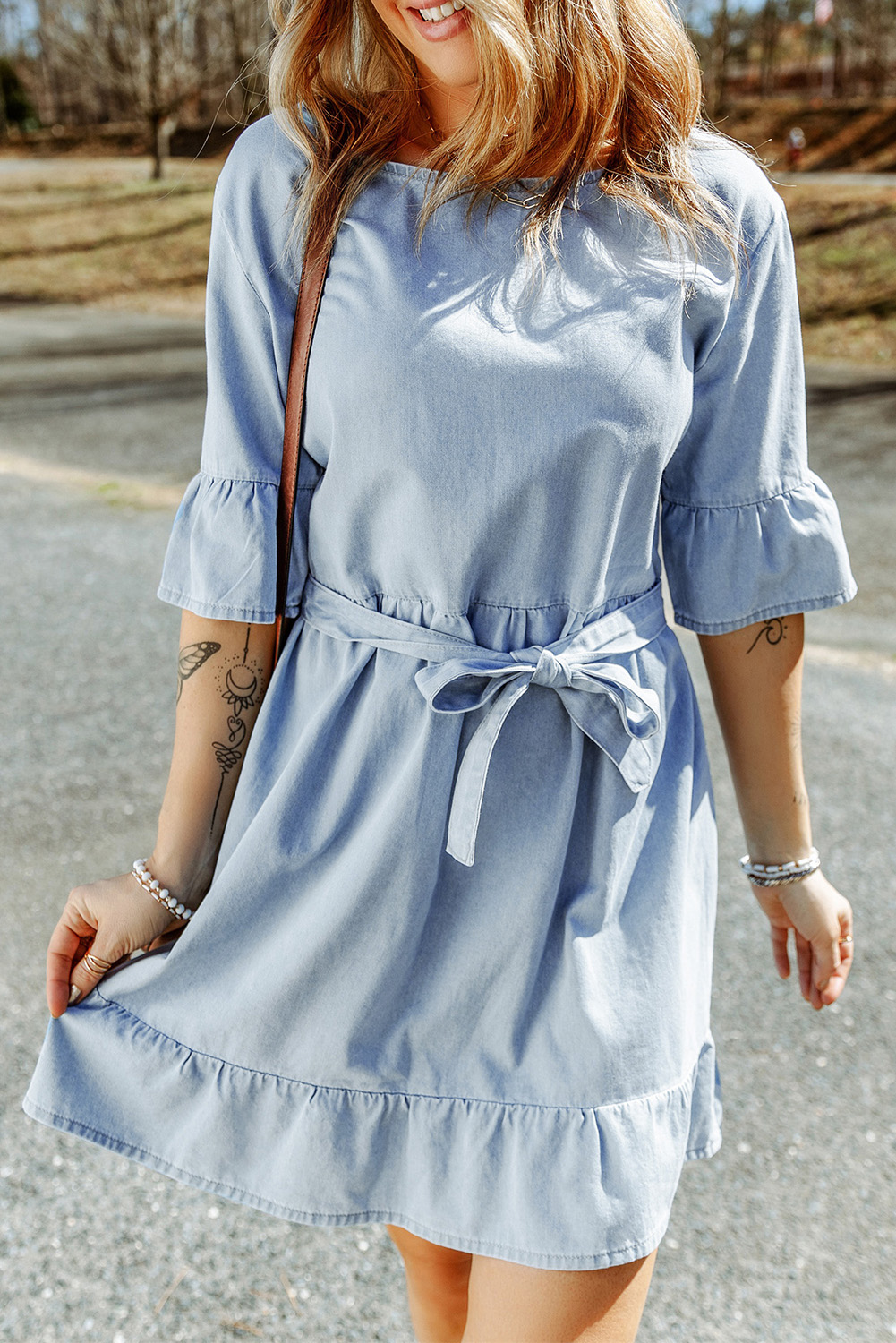 Wholesale & Dropship Light Blue Ruffle Trim Half Sleeve Belted Denim Dress