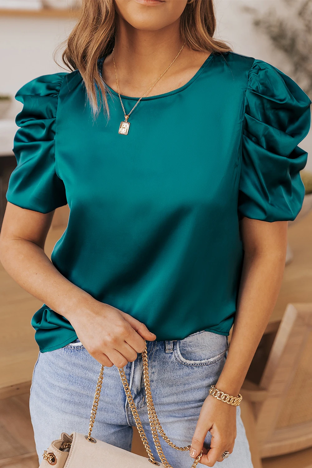 Dark Blue Elegant Ruched Puff Sleeve Silk Blouse | Shewin Wholesale