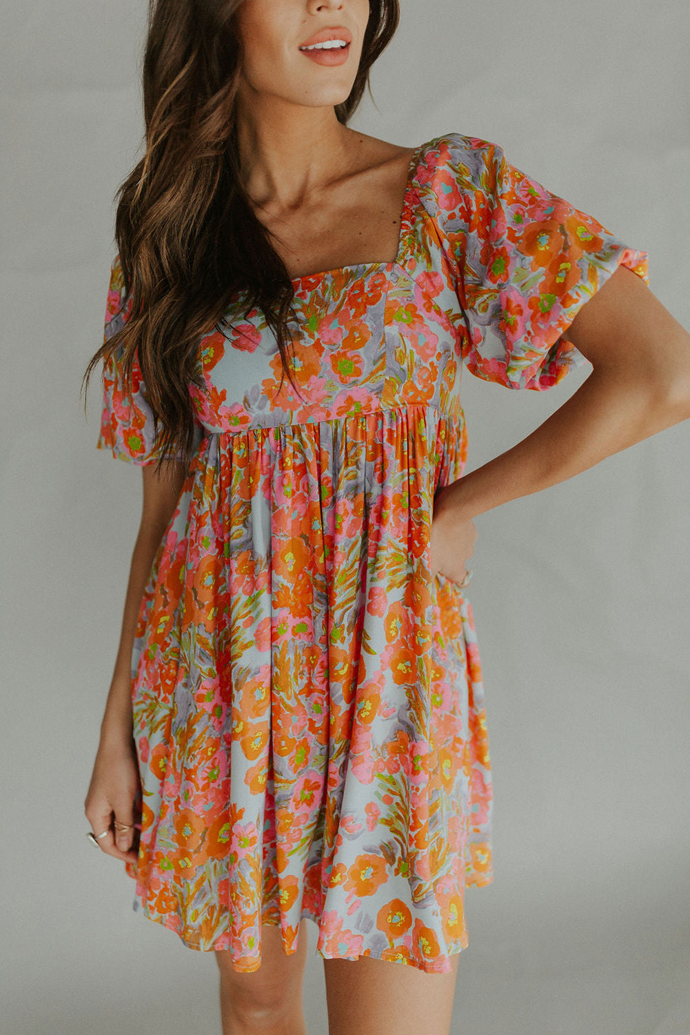 Orange High Waist Square Neck Puff Sleeve Floral Dress Shewin Wholesale