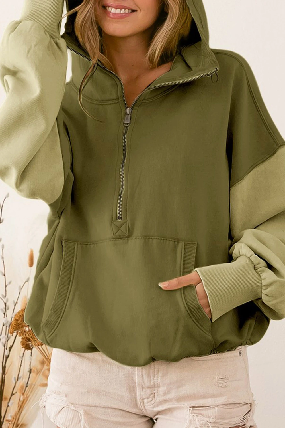 Green Color Block Half Zip Pullover Hoodie with Kangaroo Pocket ...