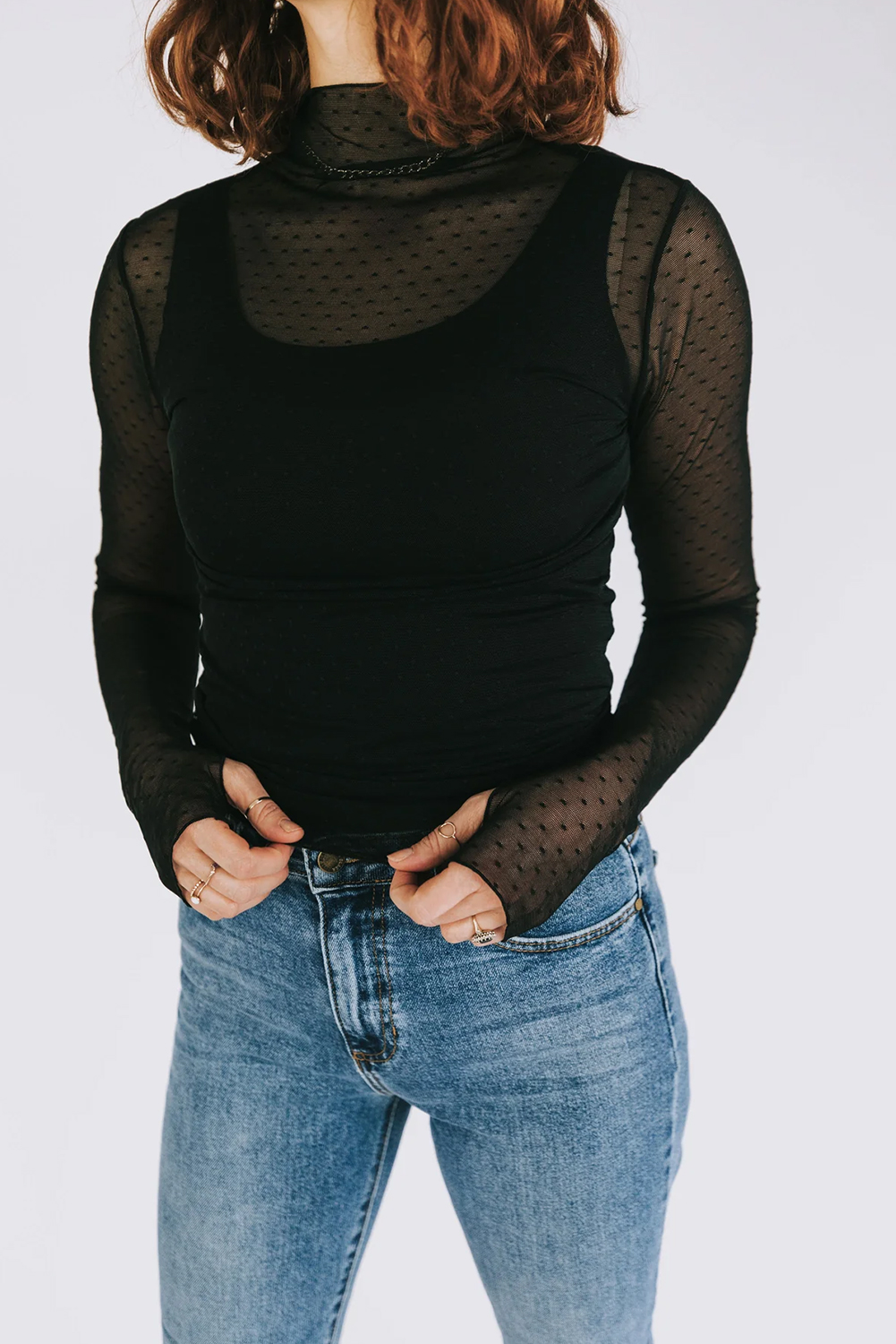 Black Plain Mock Neck Thumbhole Long Sleeve Sheer Mesh Top | Shewin ...