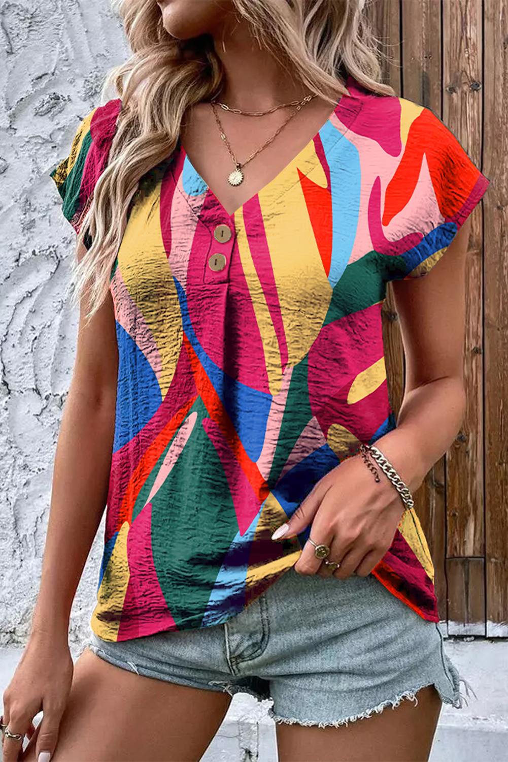 Multicolor Abstract Print Button V Neck Crinkle Blouse | Shewin Wholesale