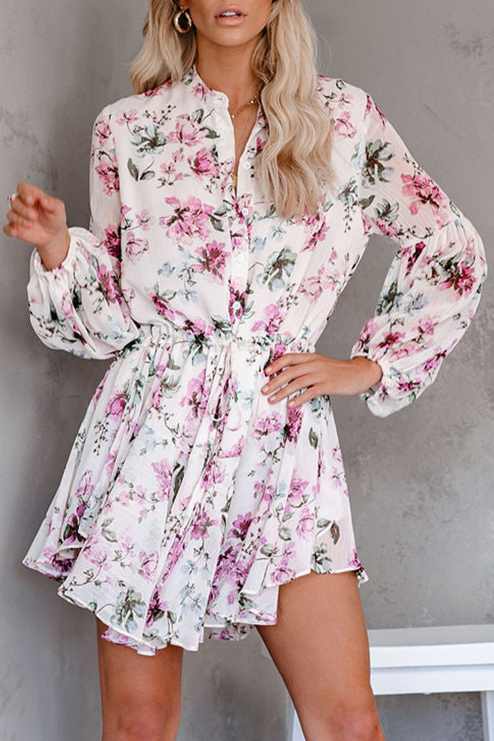 Purple Floral Print Boho Drawstring Flowy Short Dress | Shewin Wholesale