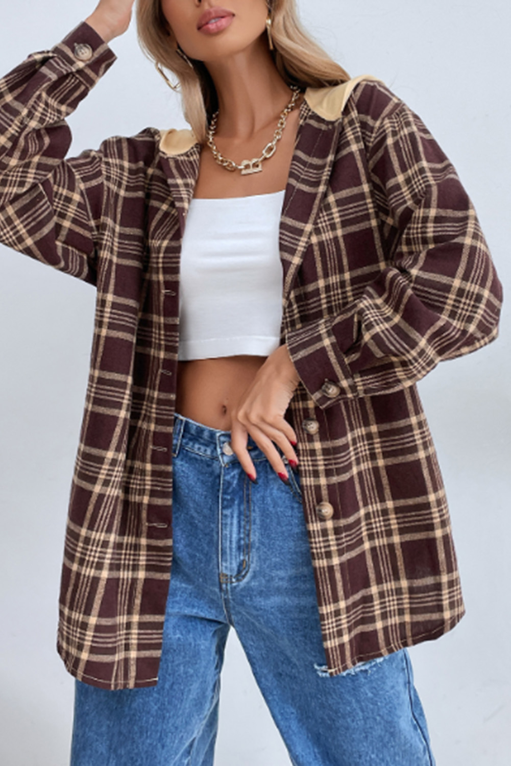 Brown Button Front Hooded Flannel Jacket for Women | Shewin Wholesale