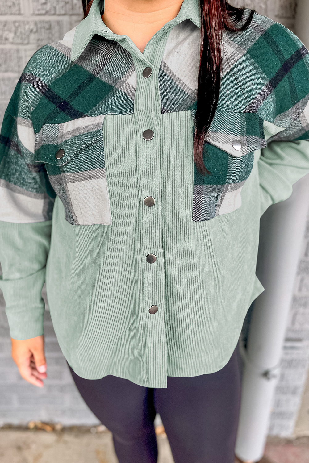 Green Plaid Patchwork Plus Size Corduroy Shacket | Shewin Wholesale