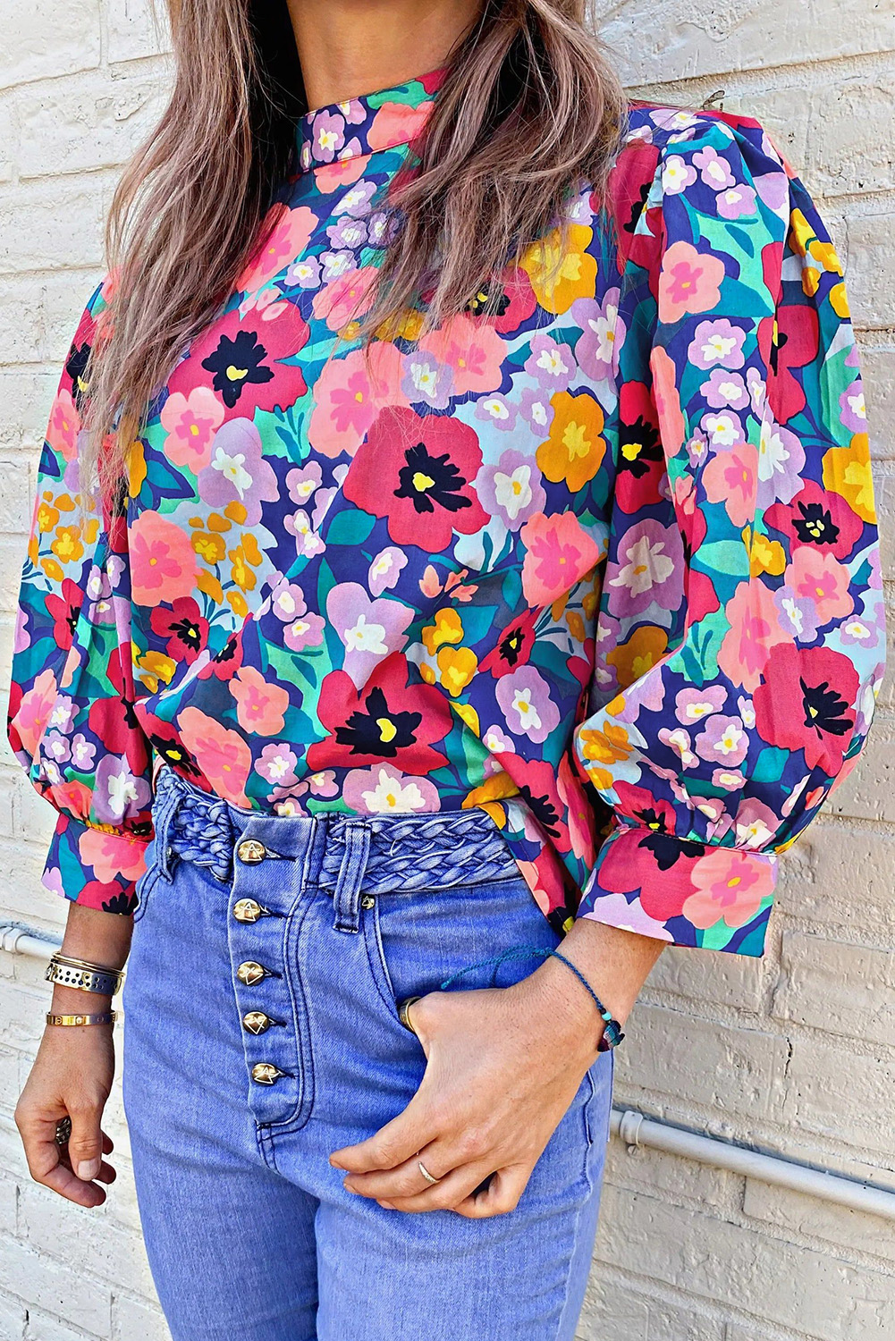 Dark Blue Mock Neck Bubble Sleeve Floral Print Boho Blouse | Shewin ...
