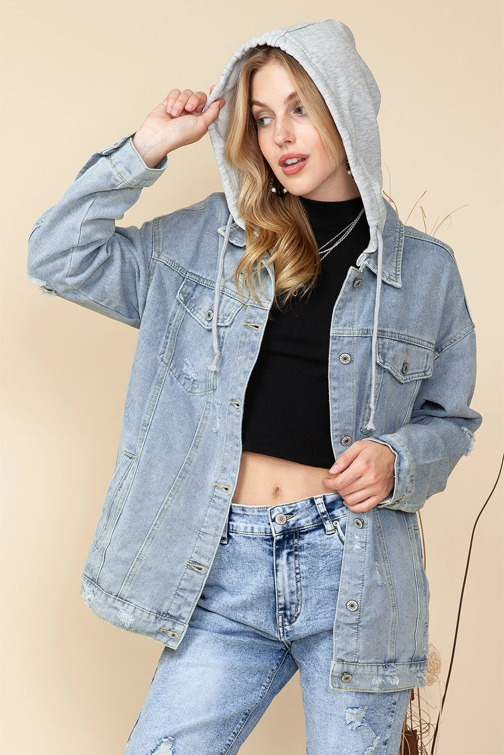 Light Blue Button Up Ripped Hooded Denim Jacket | Shewin Wholesale