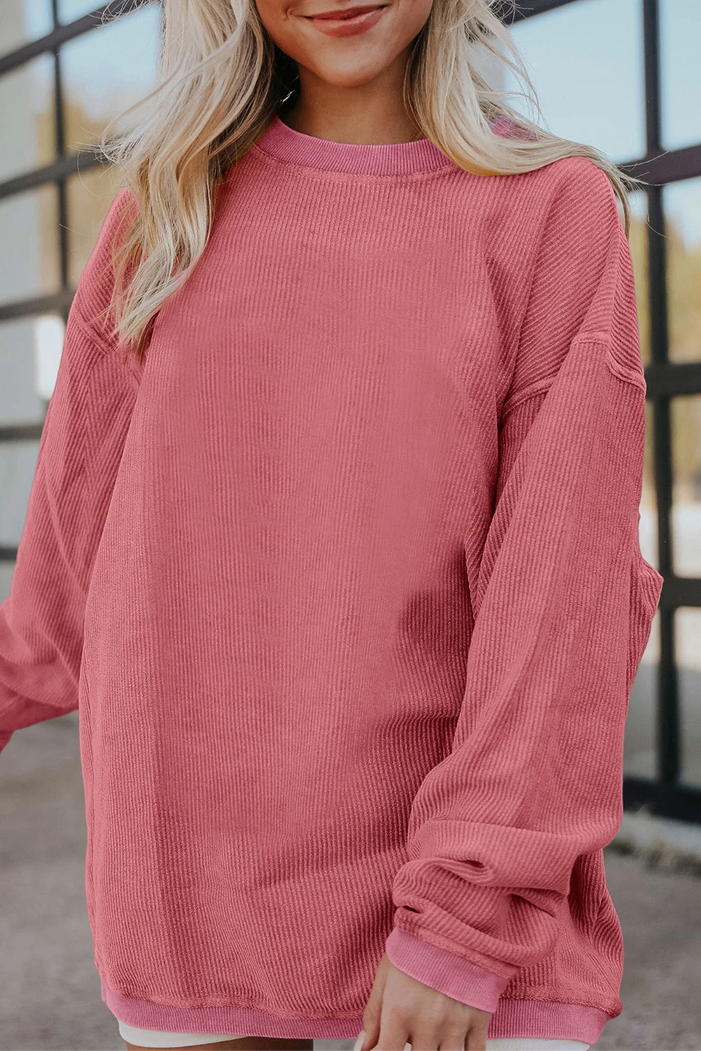 $12.53 Strawberry Pink Drop Sleeve Crinkle Rib Oversized Sweatshirt ...