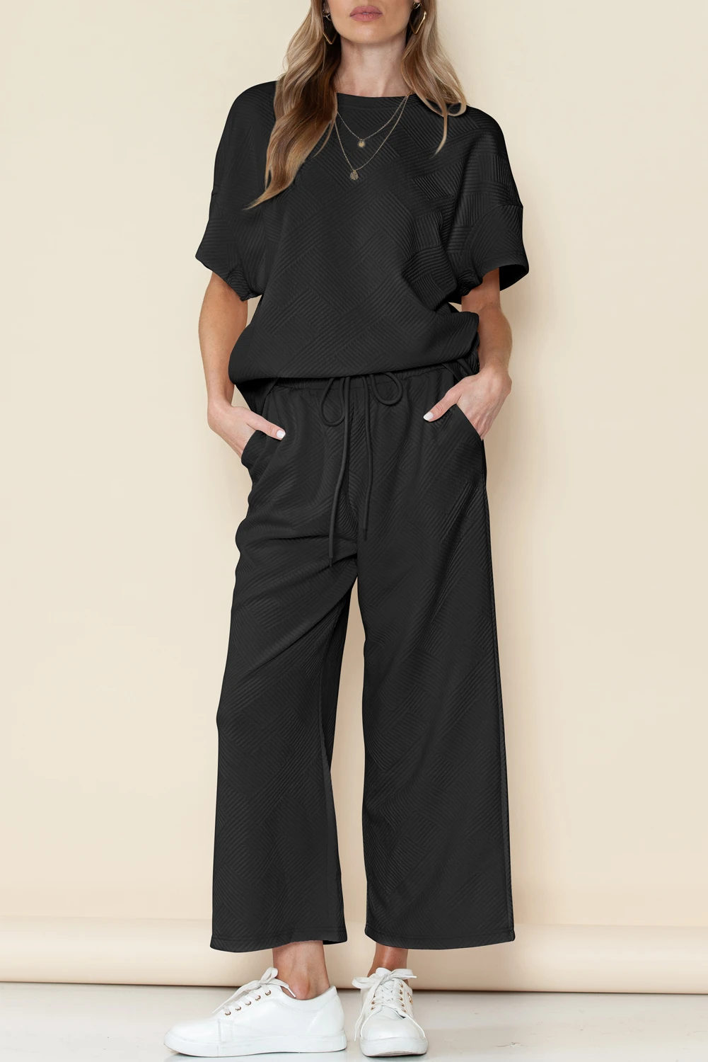 $19.6 Black Textured Loose Fit T Shirt and Drawstring Pants Set ...