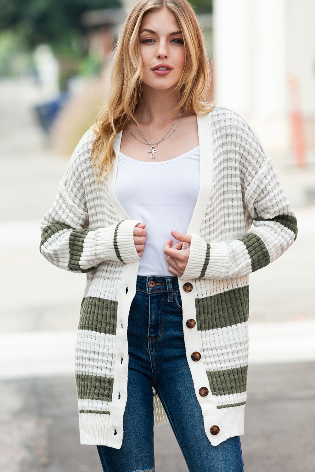 Green Colorblock Textured Knit Buttoned Cardigan