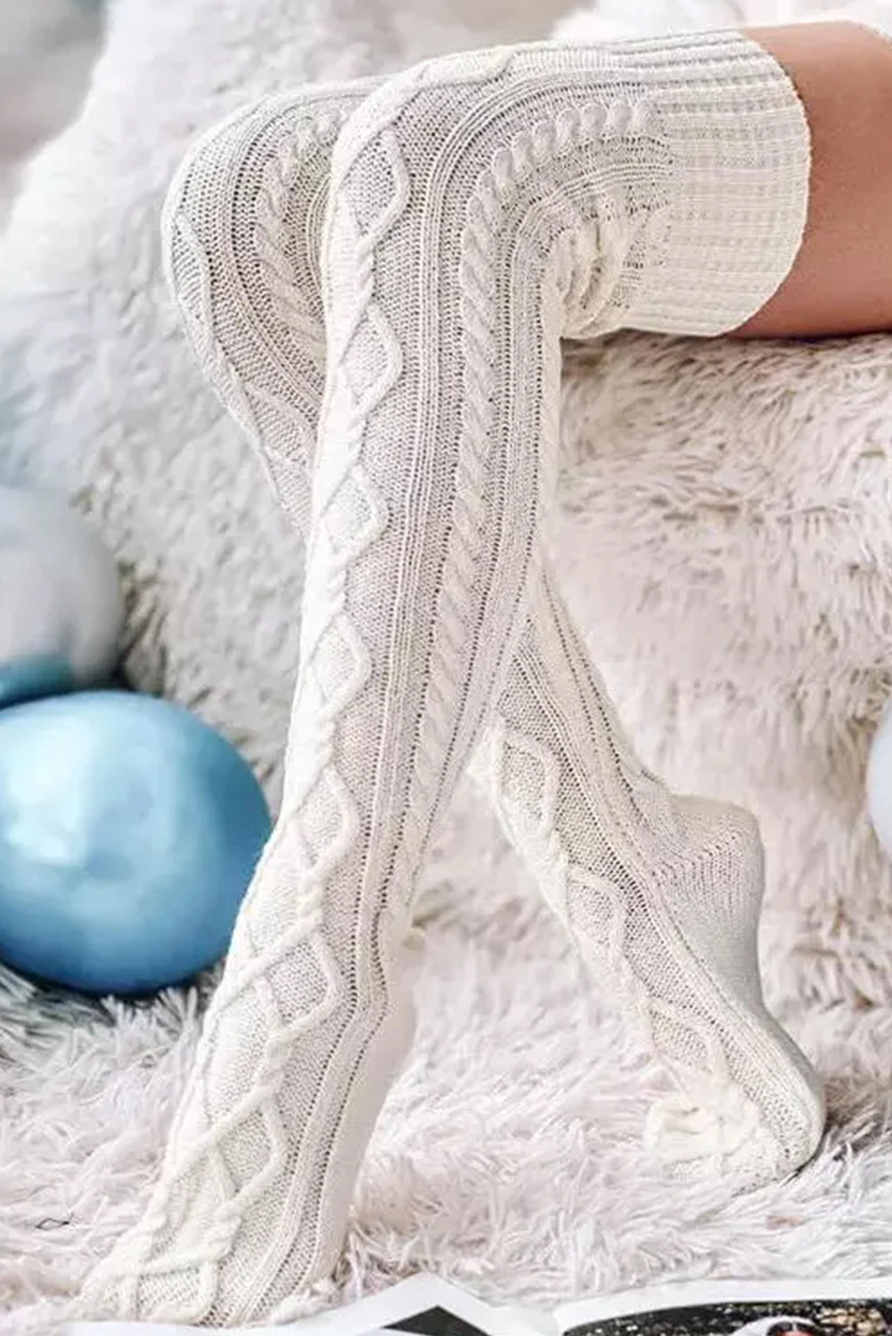 Bright White Cable Knit Thigh High Winter Socks | Shewin Wholesale
