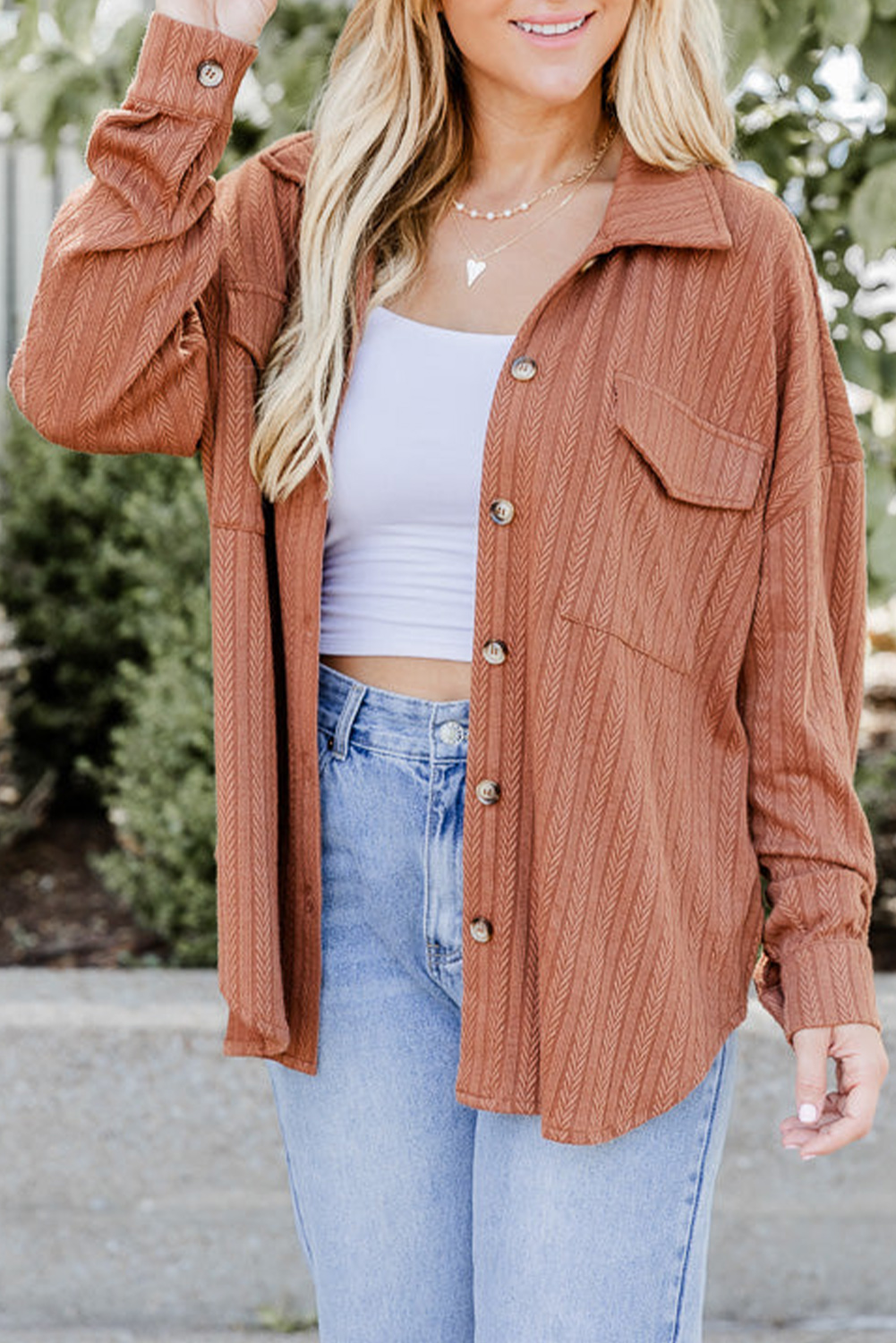 Chestnut Textured Knit Rounded Hem Casual Shacket | Shewin Wholesale