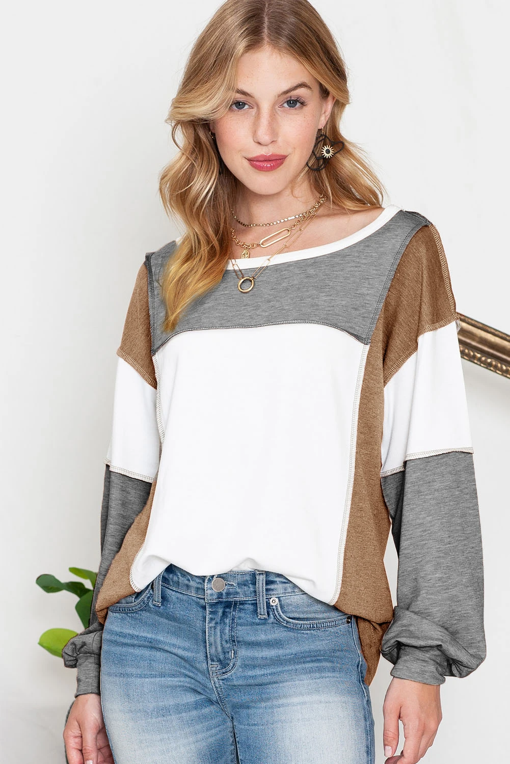 Grey Color Block Exposed Seam Long Sleeve Top