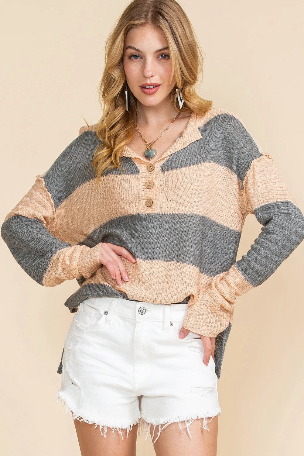 Khaki Colorblock Ribbed Contrast Trim Henley Sweater