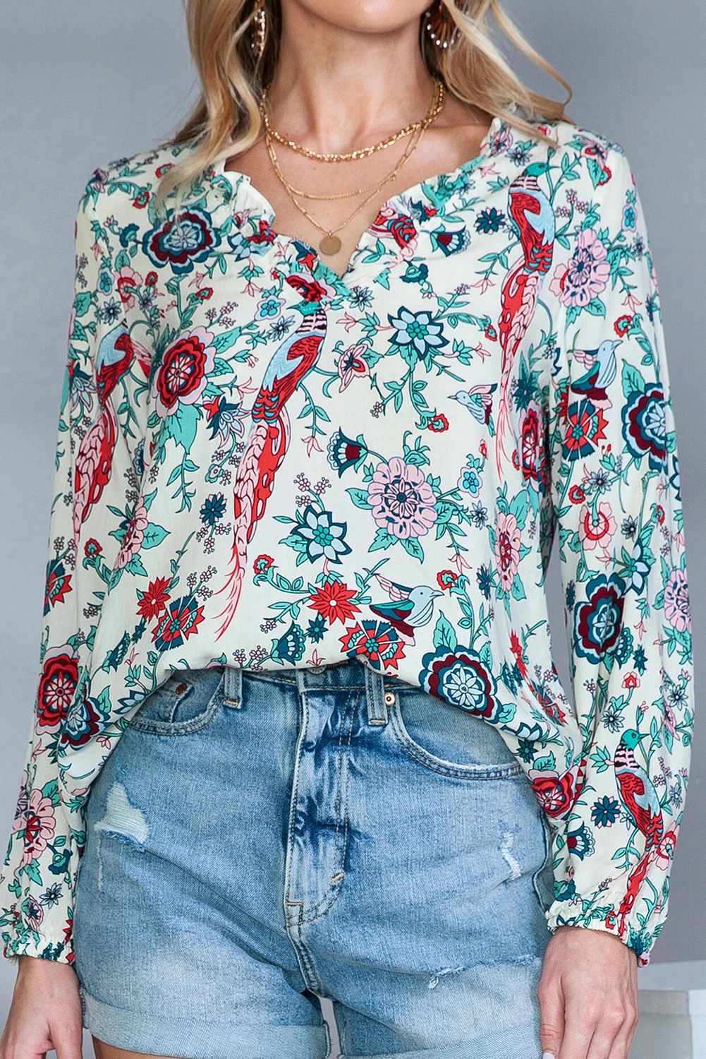 Apricot Floral Print V Neck Ruffle Long Sleeve Blouse | Shewin Wholesale