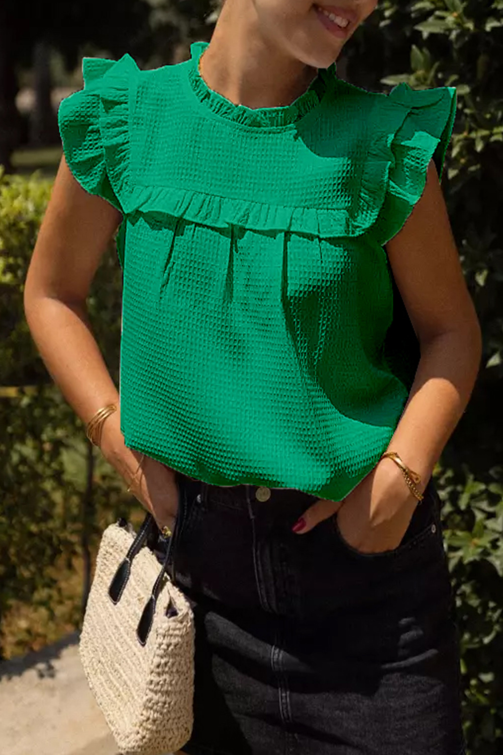 Dark Green Ruffled Frill Stand Neck Sleeveless Blouse