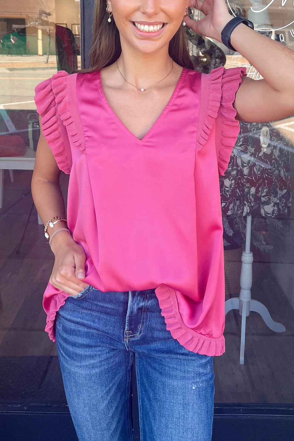 Bright Pink Regina Satin Ruffle Blouse | Shewin Wholesale