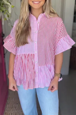 Pink Striped Patchwork Ruffle Button Up Blouse