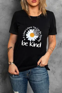 $9.68 Black Casual be Kind Daisy Slogan Graphic Crewneck Tee Wholesale ...