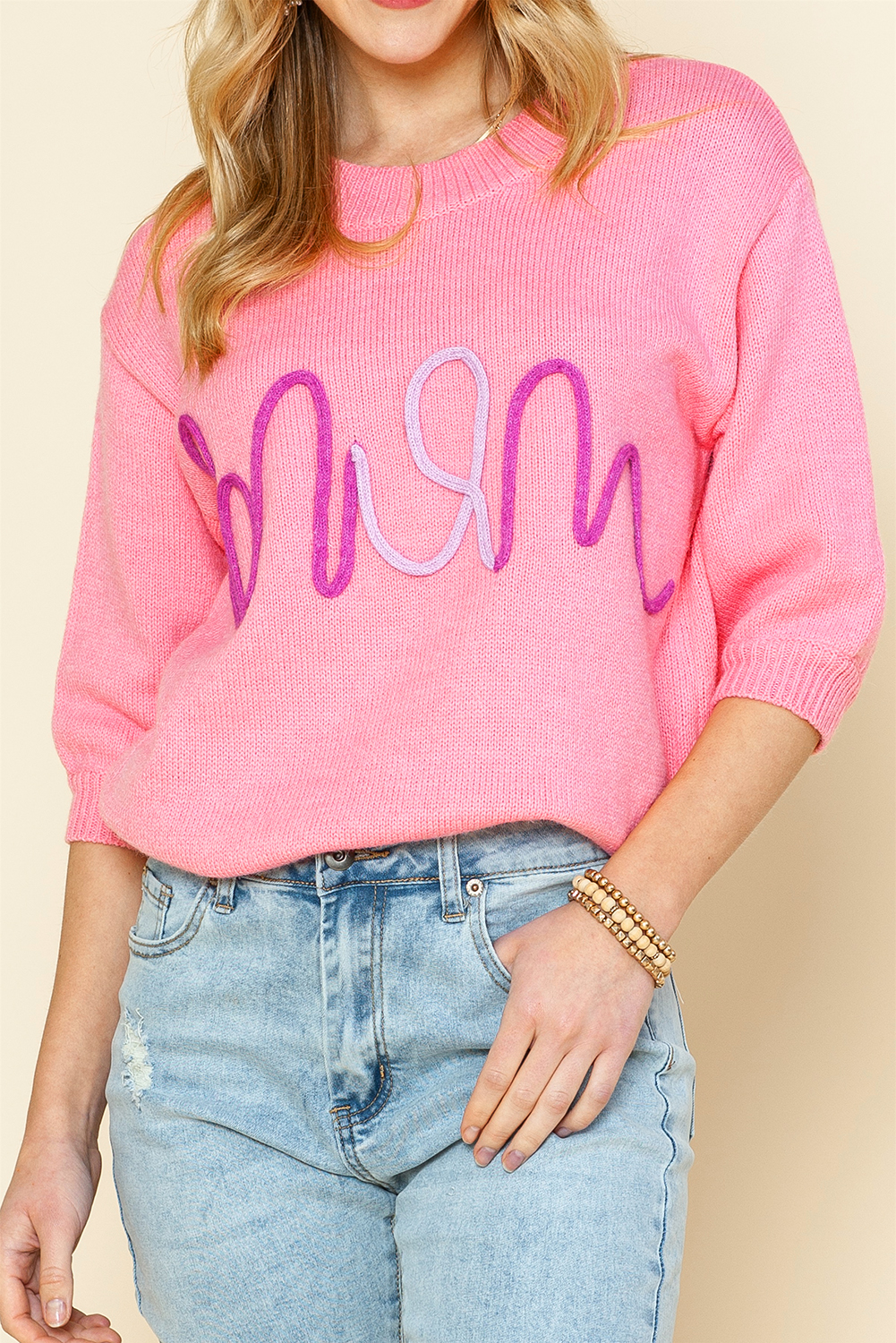 Pink Mom Letter Pattern Short Puff Sleeve Sweater