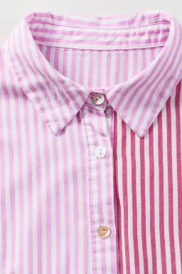 Pink Striped Patchwork Ruffle Button Up Blouse