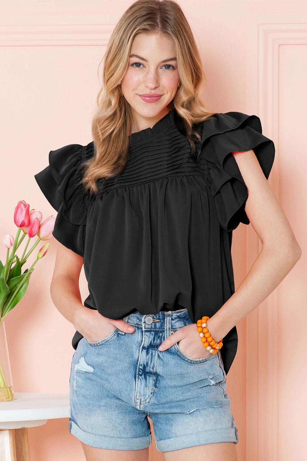 Black Ruched Frilled Neck Ruffle Sleeve Blouse
