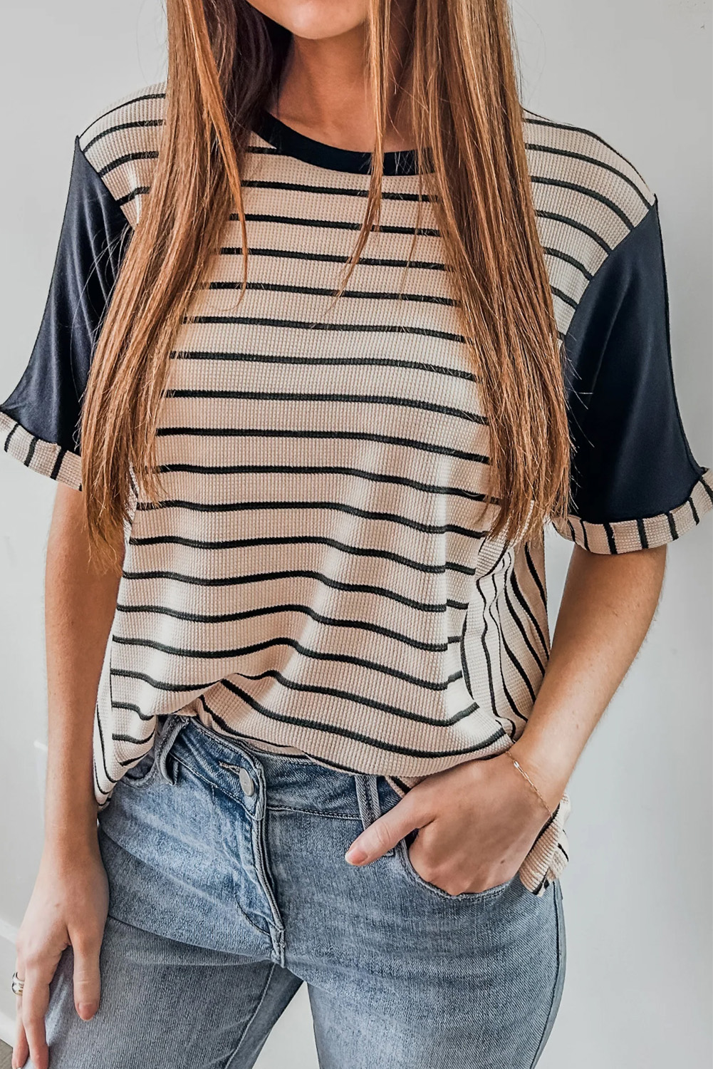 Wholesale&Dropship Parchment Casual Crew Neck Striped Colour Block Tops