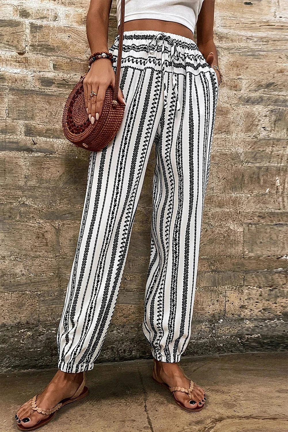 $15.03 Black Stripe Geometric Print Drawstring Cuff Pants Wholesale ...