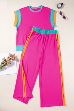 $19.34 Strawberry Pink Colorblock Cap Sleeve Tee and Wide Leg Pants Set ...