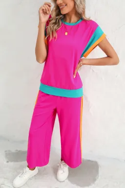 $19.34 Strawberry Pink Colorblock Cap Sleeve Tee and Wide Leg Pants Set ...