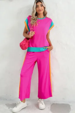 $19.34 Strawberry Pink Colorblock Cap Sleeve Tee and Wide Leg Pants Set ...