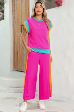 $19.34 Strawberry Pink Colorblock Cap Sleeve Tee and Wide Leg Pants Set ...