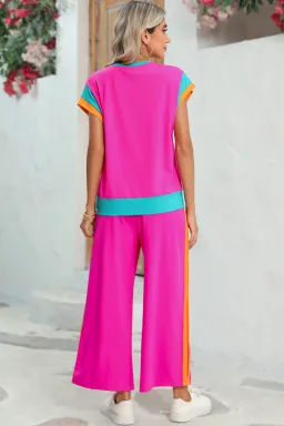 $19.34 Strawberry Pink Colorblock Cap Sleeve Tee and Wide Leg Pants Set ...