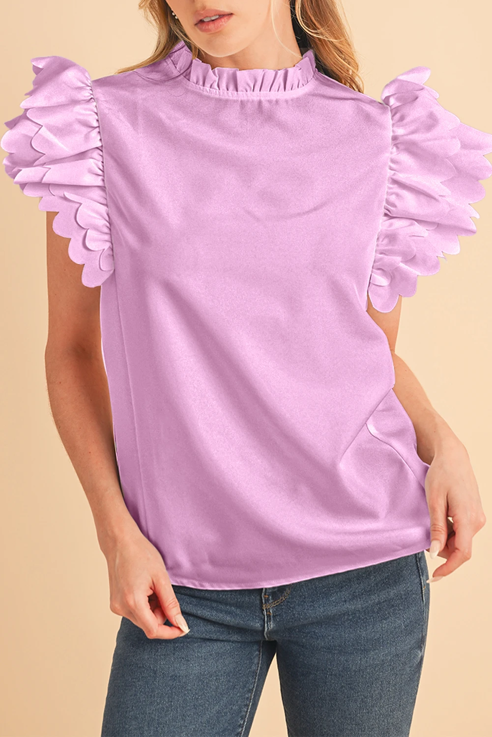 $9.36 Bright Pink Solid Scalloped Ruffle Sleeve Blouse Wholesale - Shewin