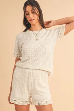 Beige Fringe Trim Waffle Knit Textured Shorts Set