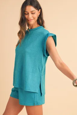 Skobeloff Textured Ruffle Split Top and Drawstring Shorts Set